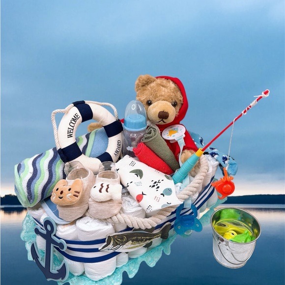 Handmade | Accessories | Fisherman Boat Teddy Bear Diaper Cake Nautical ...